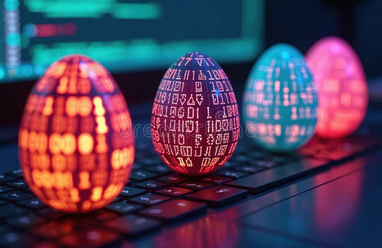 Close-up of Easter Eggs on Computer Keyboard with Glowing Digital Patterns. Eggs Emit Neon Light ...