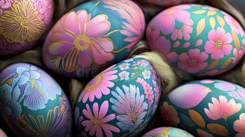 Close Up of Easter Eggs with Stunningly Detailed Floral Patterns, Easter Celebration Background ...