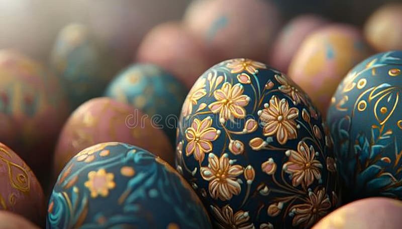 Close Up of Easter Eggs with Stunningly Detailed Gold Floral Patterns on Blue and Pink Stock ...