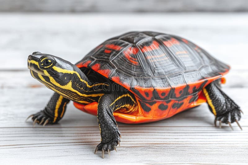 Close-Up of Eastern Painted Turtle on Wooden Surface Capturing Detailed ...