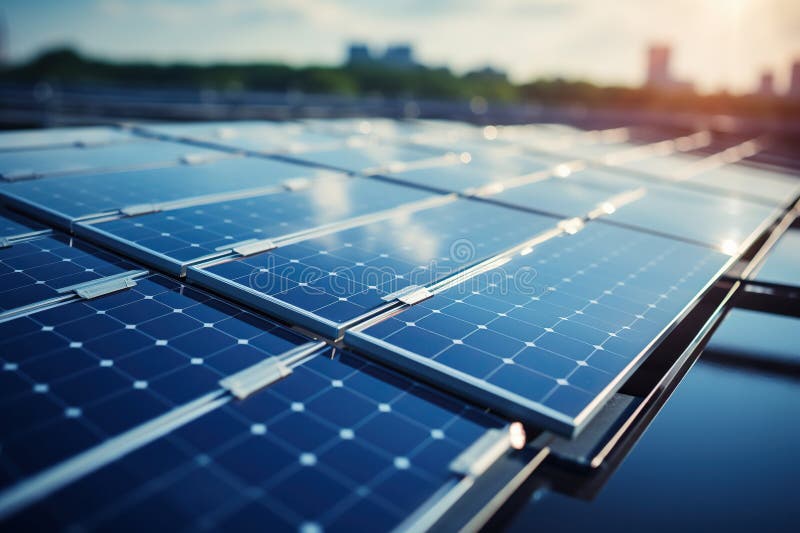 Close-up of Eco-technology Solar Panel Farm. Renewable Energy Concept ...