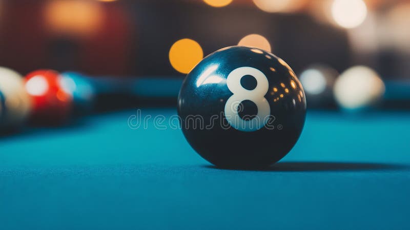 Billiards Eight Ball Close Up on Blue Pool Table AI Generated. Stock ...