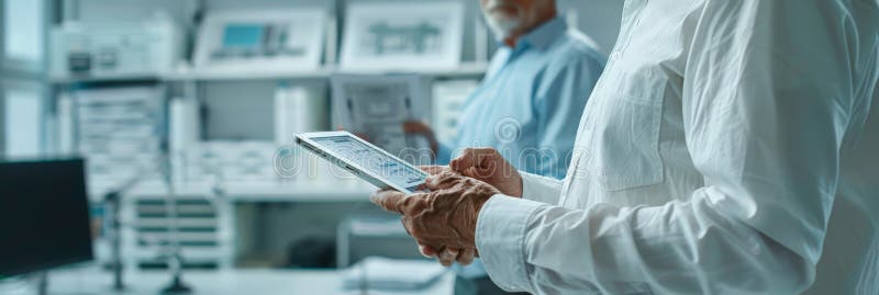 Close-up of Elderly Engineer Using a Tablet in a Bright Office. Senior ...
