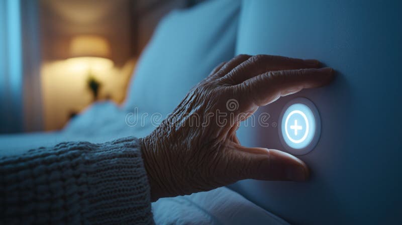 Elderly Hand Adjusting Smart Bed Control at Night Stock Image - Image ...