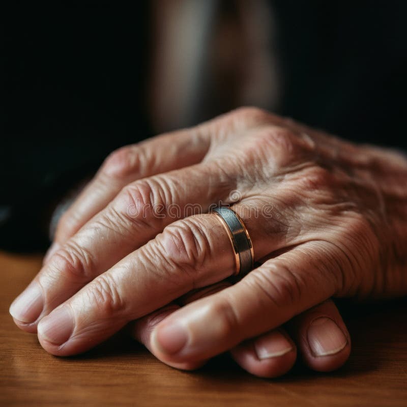 Close-up of Elderly Hands Resting on a Table, Featuring a Wedding Ring ...