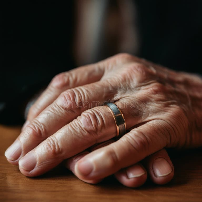 Close-up of Elderly Hands Resting on a Table, Featuring a Wedding Ring ...