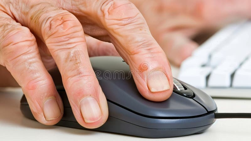 Close-up of Elderly Hands Using a Computer Mouse, Highlighting Age ...