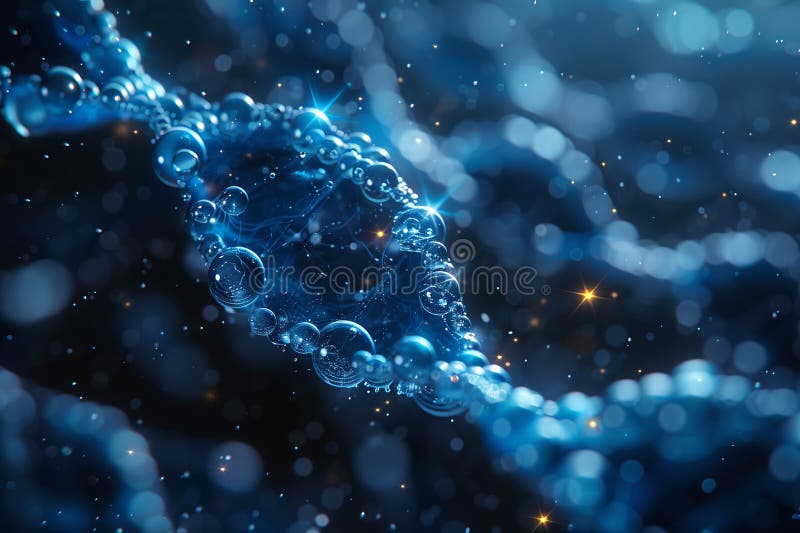 Close Up of an Electric Blue DNA Strand with Bubbles Floating in Water ...