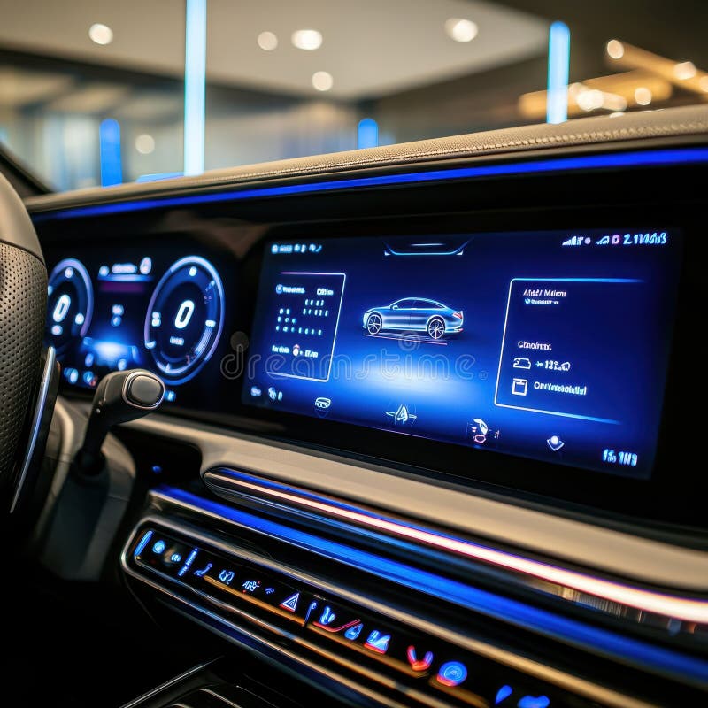 Close-up of an Electric Car Dashboard Displaying High-tech Functions ...