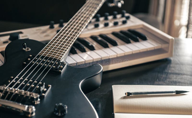 Close Up, Electric Guitar and Piano, Musical Creativity Concept. Stock ...