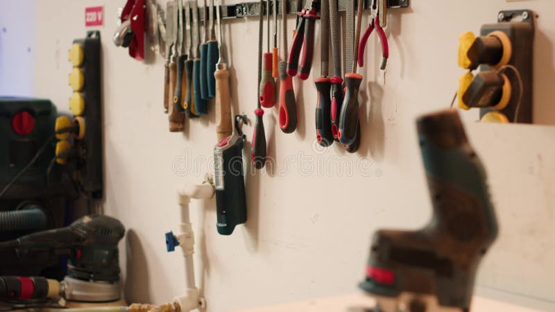 Close Up of Electric Router with Woodworking Tools on Rack Stock Video ...