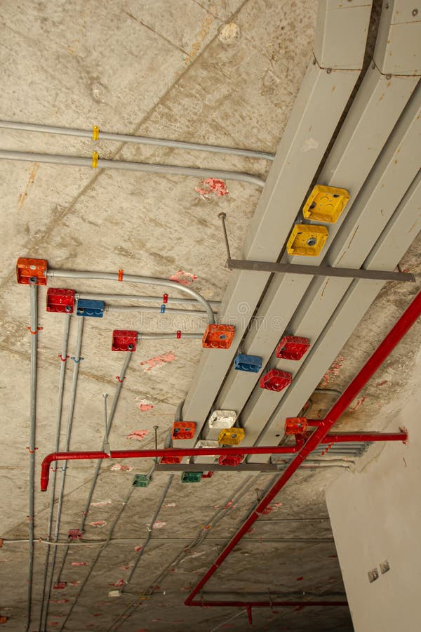 Close Up Electrical Distribution System Installation on Ceiling Stock ...