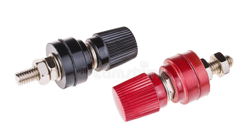 Red and Black Binding Post Connector with Threaded Terminal Isolated on ...