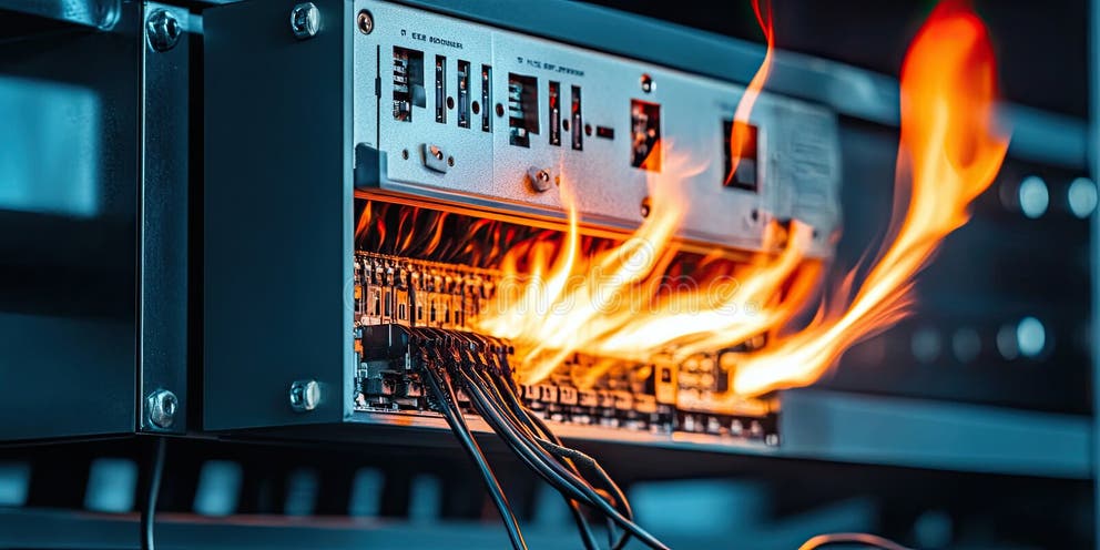 Close Up Electrical Panel Fire during Short Circuit, with Copy Space ...