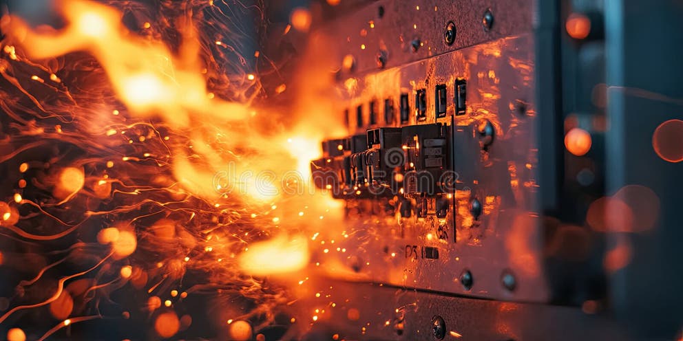 Close Up Electrical Panel Fire during Short Circuit, with Copy Space ...