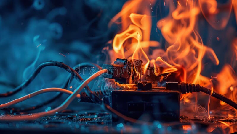 Close-Up of Electrical Plug and Wire on Fire. Generative Ai Stock ...