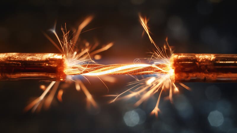 Close-up of Electrical Sparks between Two Copper Cables Against a Dark ...