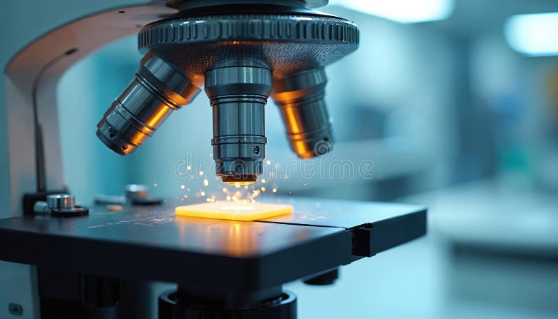 Close-up Electron Microscope in Lab Analyses Glowing Sample. Hi-tech ...