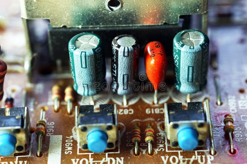 Close-up of Electronic Circuit Board Components. Includes Capacitors ...