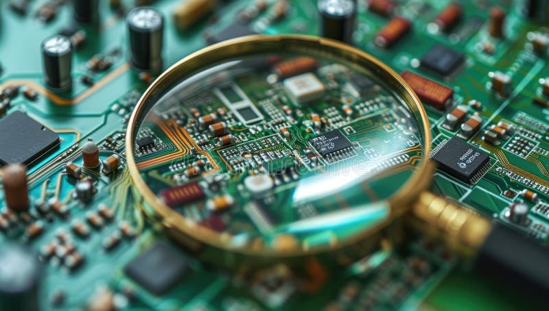 Close-up of Electronic Circuit Board with Magnifying Glass. Technology ...