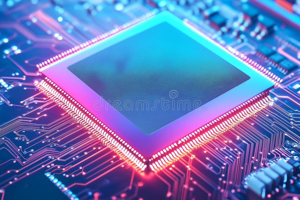 Close-up of Electronic Microchip on Circuit Board with Colorful LED ...