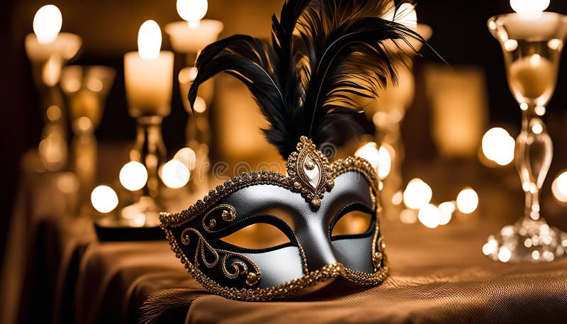 Elegant Masquerade Mask with Golden Accents and Candlelight Stock Illustration - Illustration of ...