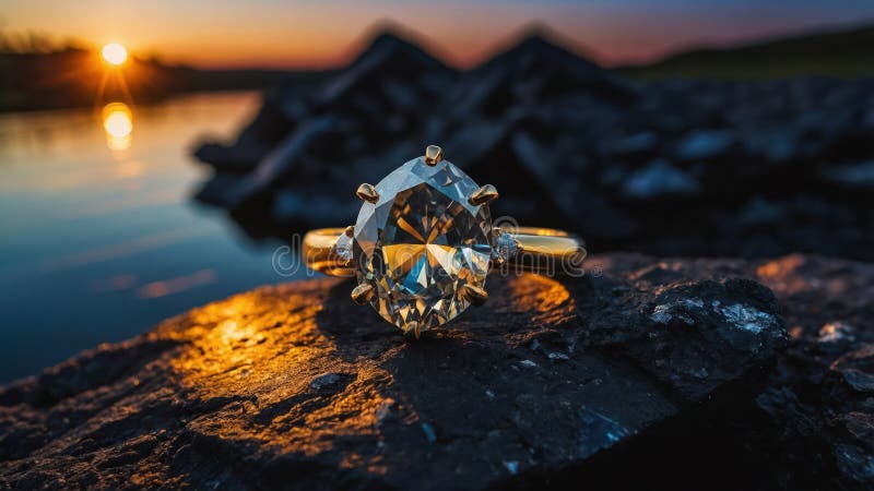 Stunning Diamond Ring at Sunset on Rocky Shore Stock Illustration ...
