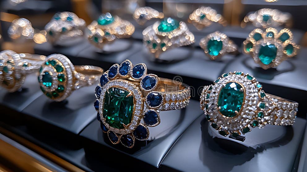 A Close-up of Emerald and Diamond Rings in a Display Case Stock ...