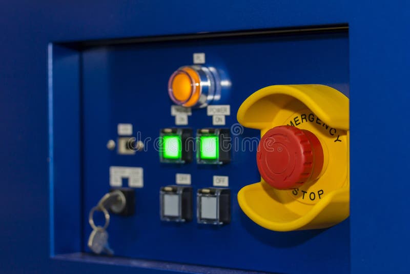 Close Up Emergency Stop Button on Control Panel of Machine for Safety ...