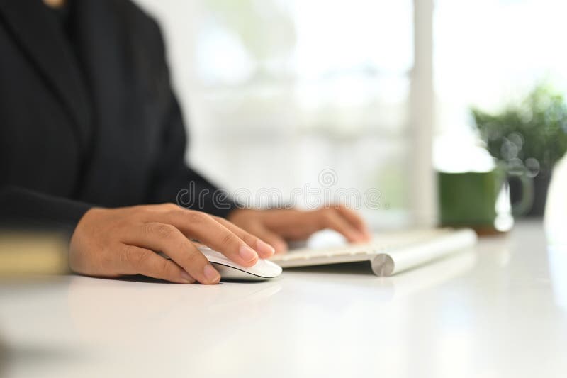 Close Up of Employee Hand on Computer Mouse and Keyboard in Office ...