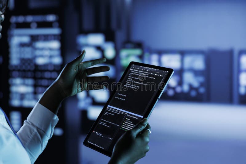 Data Center Employee Runs Code Stock Image - Image of scripts, racks ...