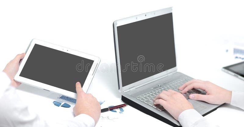 Close Up.employees Use a Laptop and Tablet for Work Stock Photo - Image ...