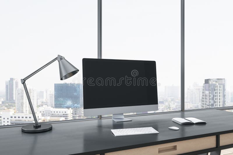 Close Up of Empty Computer Screen on Gray Office Desktop with Objects ...