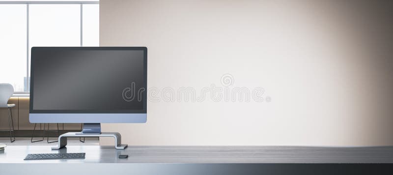 Close Up of Empty Computer Screen on Wide Wooden Office Desk. Window ...