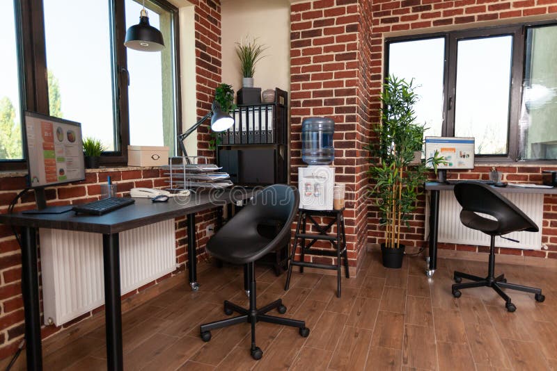 Close Up of Empty Corner with Desks in Startup Office Stock Image ...