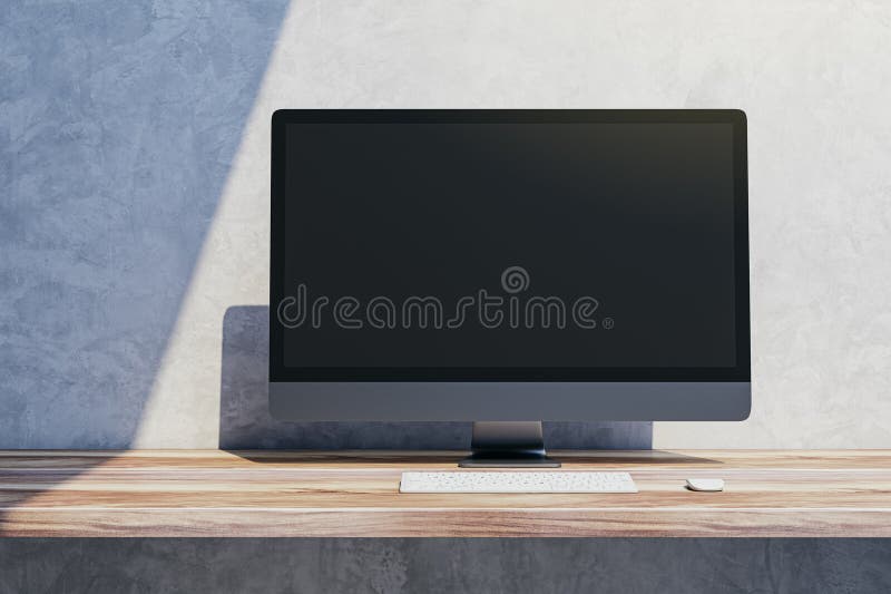 Close Up of Empty Mock Up Computer Display on Wooden Desktop and ...