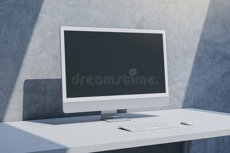 Close Up of Empty Mock Up Computer Screen on Desktop and Concrete Wall ...