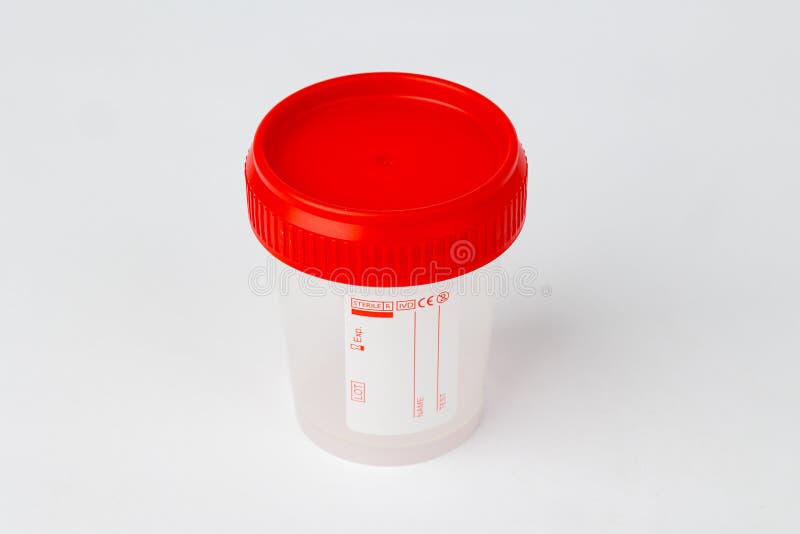 Sterile Medical Sample Container with Red Lid on White Background ...