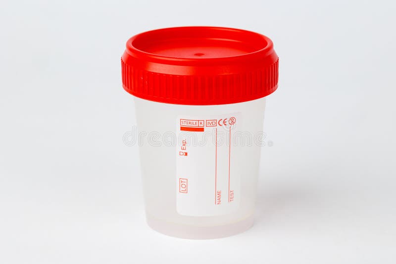 Sterile Medical Sample Container with Red Lid on White Background ...