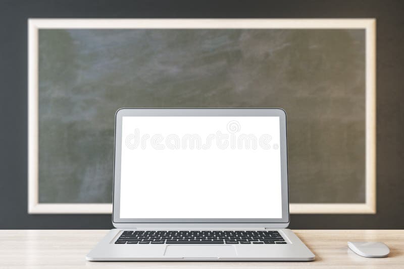 Close Up of Empty White Laptop and Mouse on Chalkboard Background ...