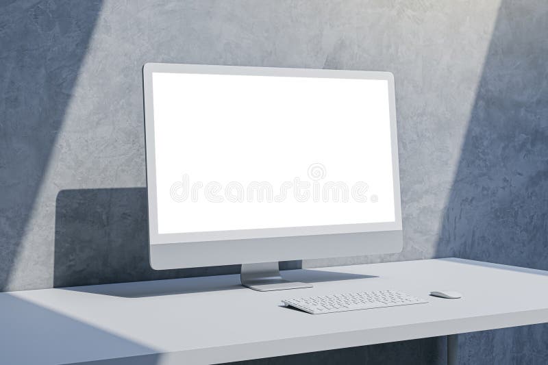 Close Up of Empty White Mock Up Computer Screen on Desktop and Concrete ...