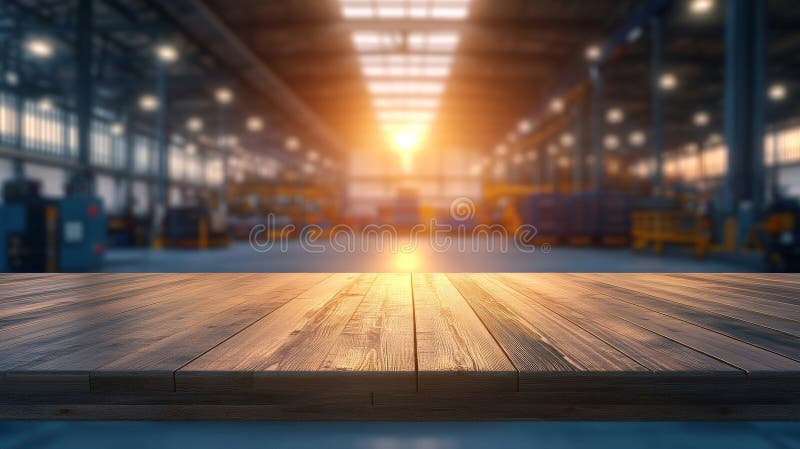 A Close-up of an Empty Wooden Table, with a Blurred Industrial Workshop ...