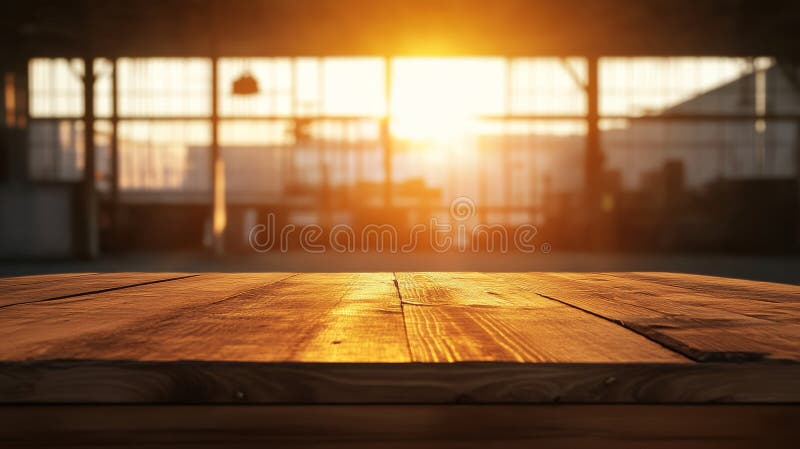 A Close-up of an Empty Wooden Table, with a Blurred Industrial Workshop ...