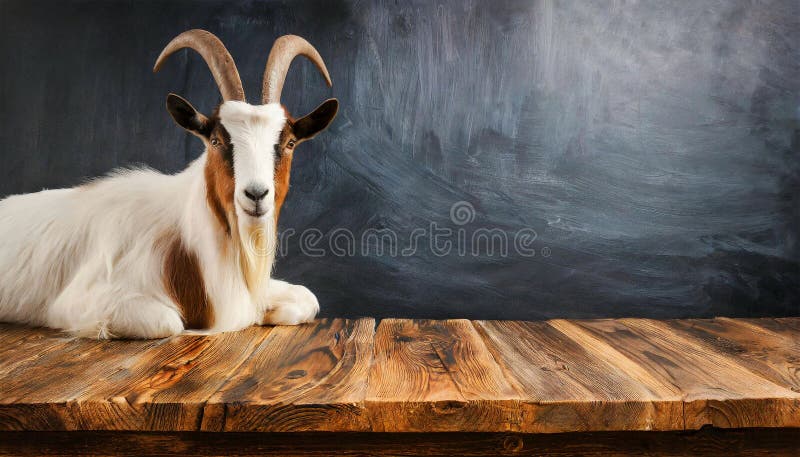 Empty Wooden Table and Horned Goat Against an Empty Blackboard ...
