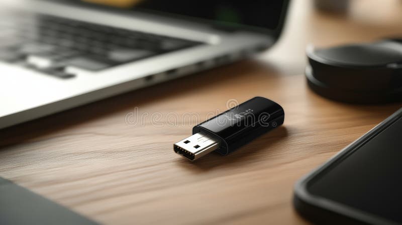 Close-up of an Encrypted USB Flash Drive on a Wooden Desk with a Laptop ...