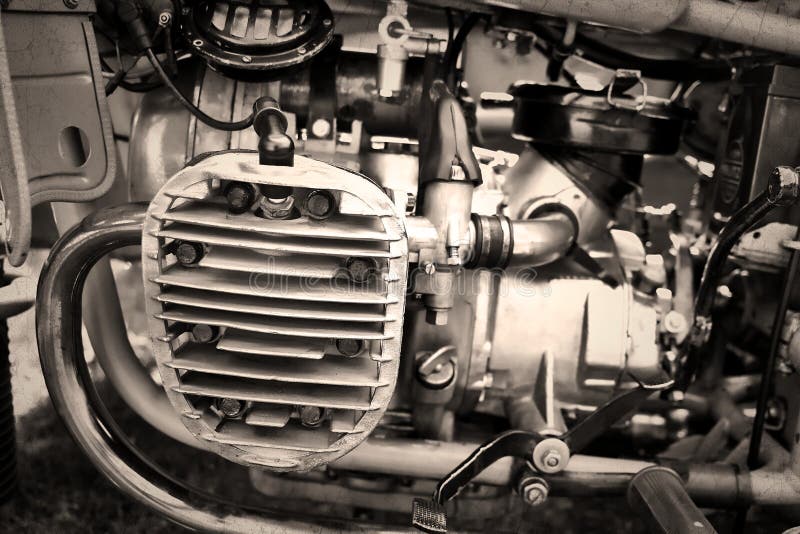 Close Up of Engine of Antique Motorcycle, Black and White Stock Image ...