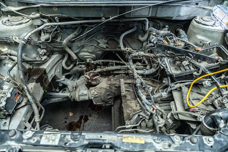 Close-up Engine Compartment without an Engine Supported Car. Stock ...