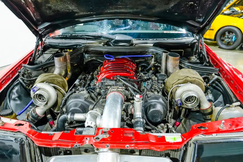 Close-up of the Engine, Front Top View, Show All Parts and Open Hood ...