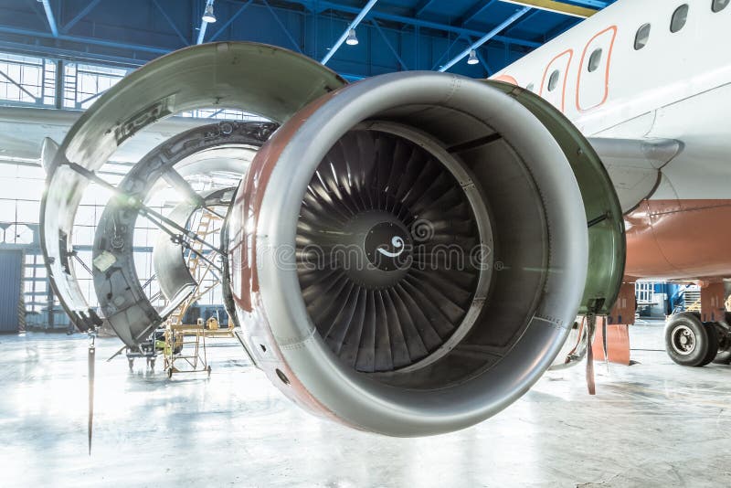 Close Up Engine Jet Opened Hood Aircraft Maintenance in the Hangar ...