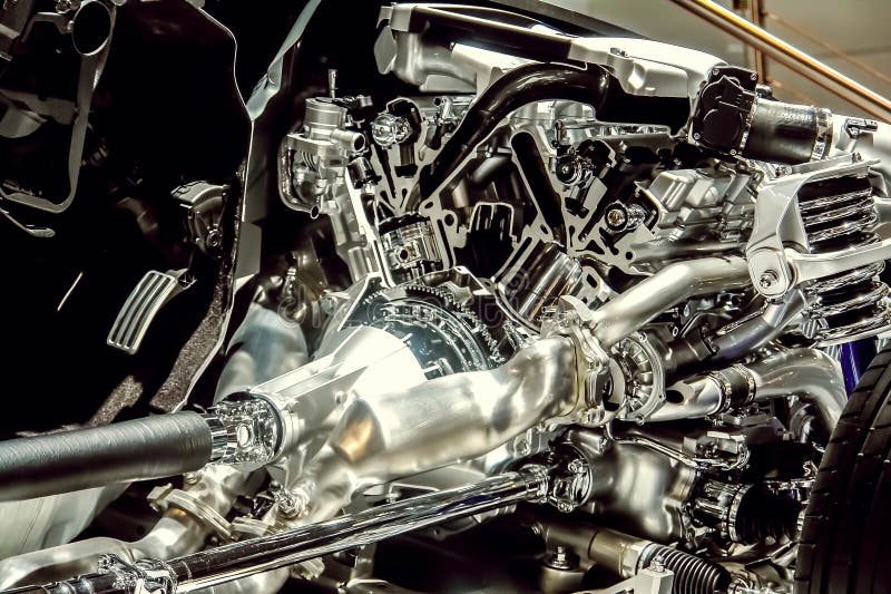 Close-up of the Engine in Section. Gearbox and Propeller Shaft on the ...